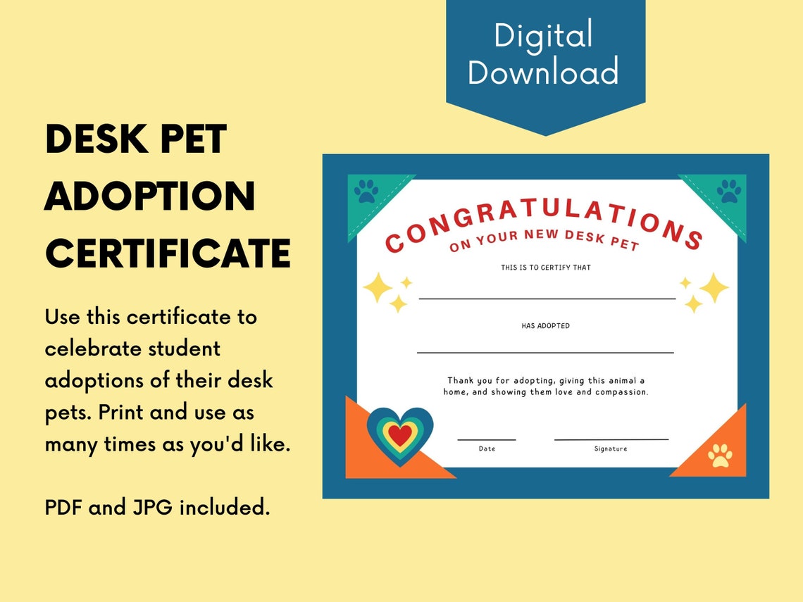 Student Desk Pet Adoption Certificate, Fun Design, PDF, JPG, Classroom ...