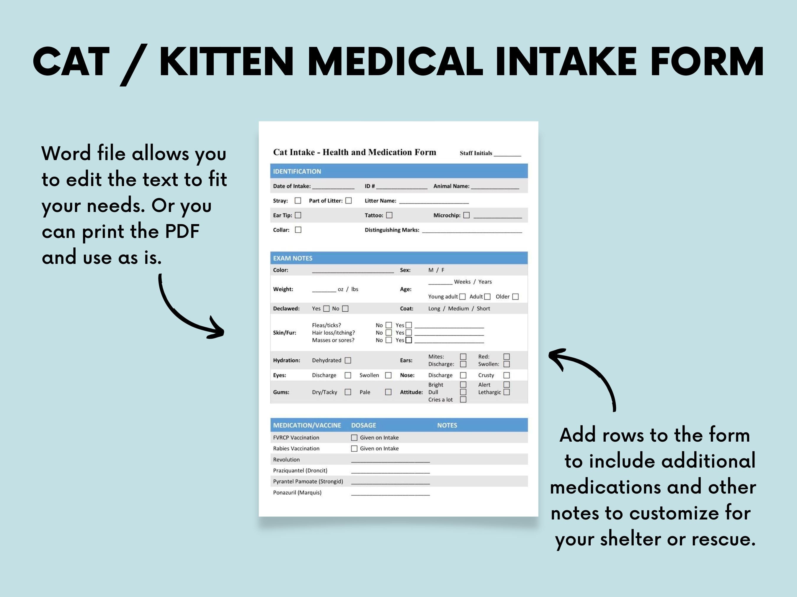 Cat / Kitten Medical Intake Form (medication List, Health Checklist ...