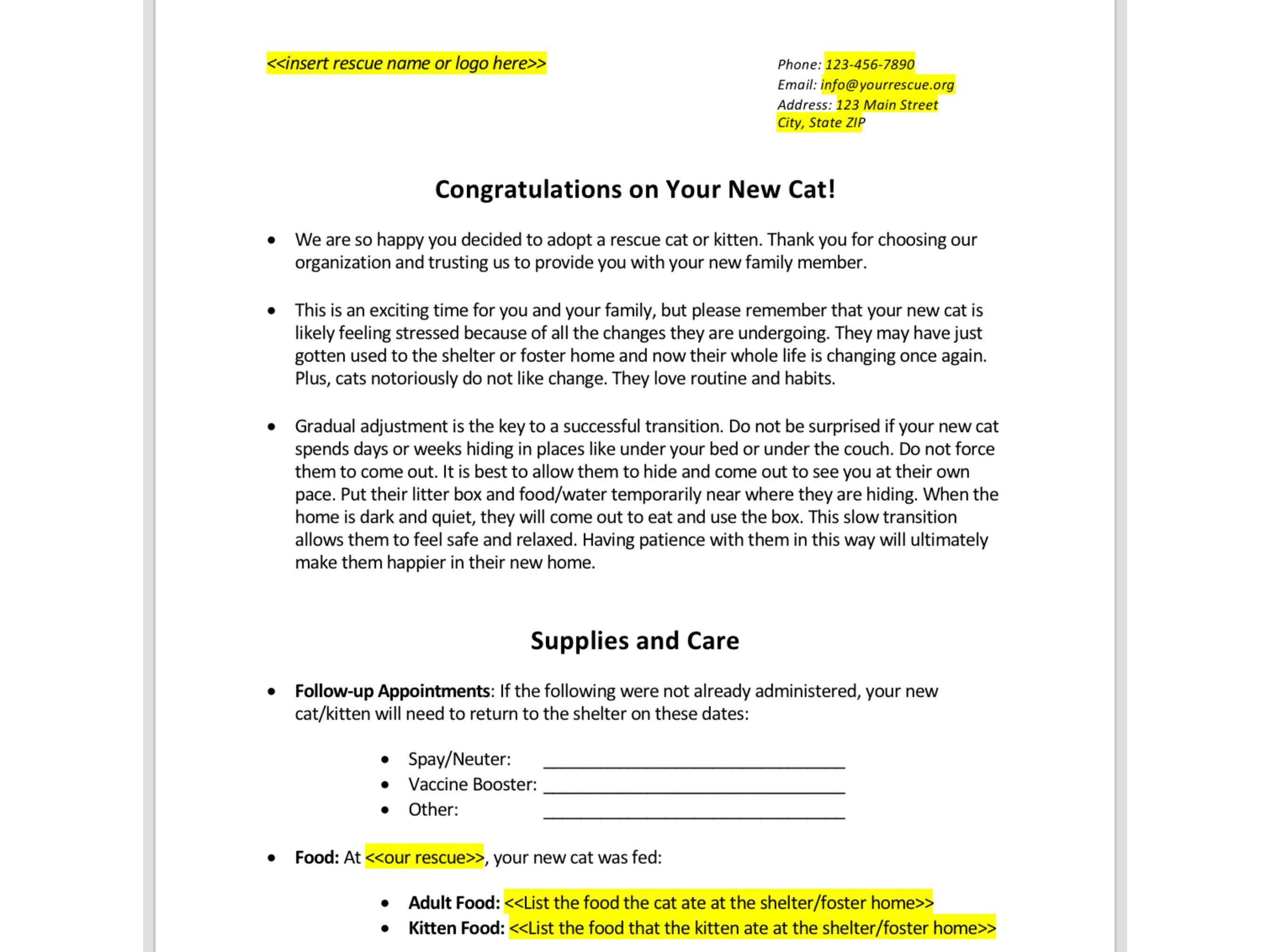 Cat Adoption Informational Handout for Shelters, Rescues, and ...
