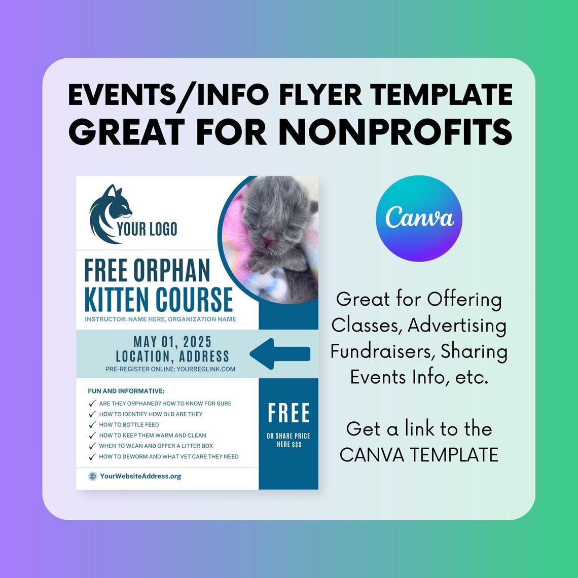 Nonprofit Event Flyer Template: Orphan Kitten Course (canva Template ...