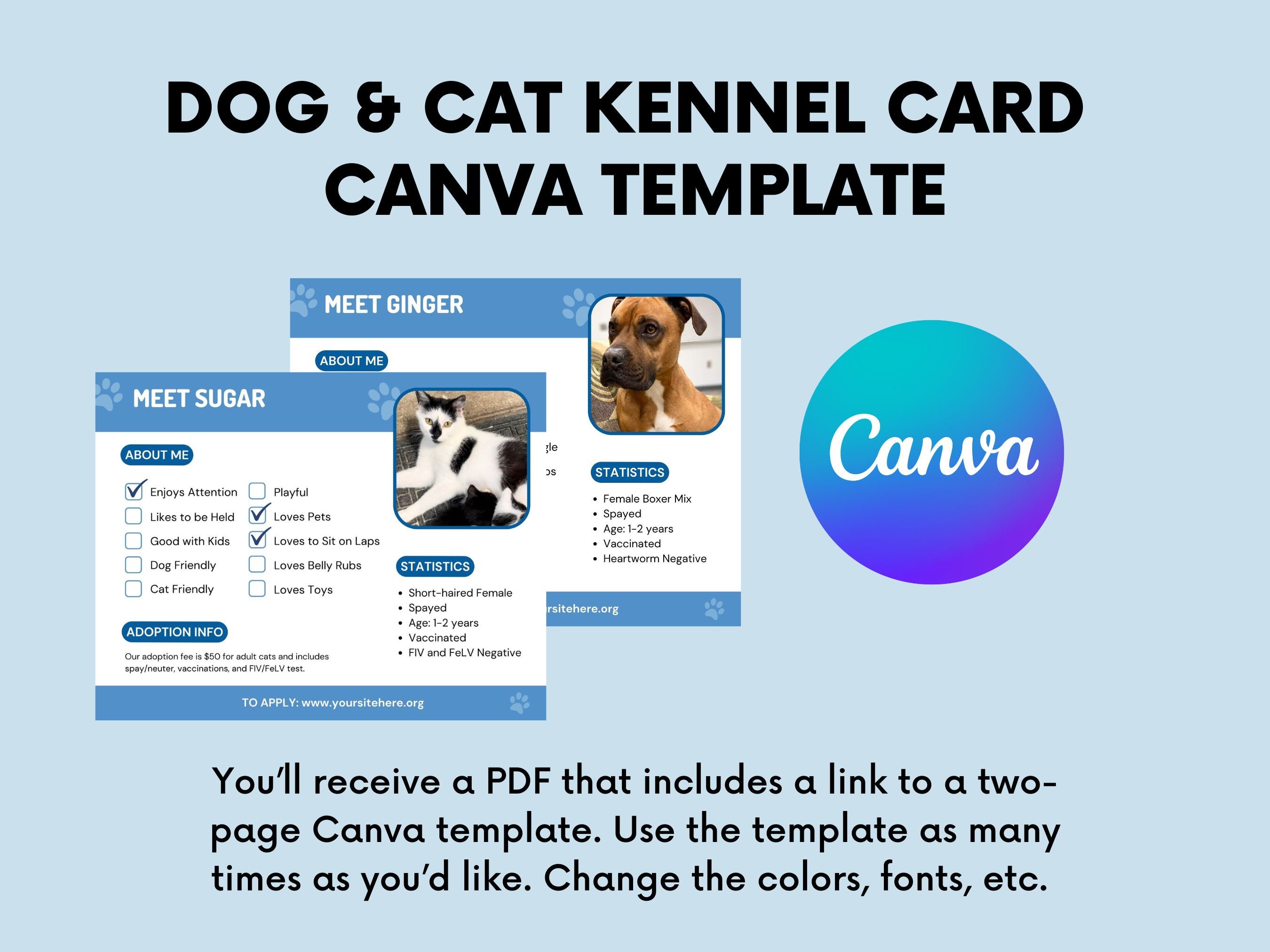 Dog and Cat Cage/kennel Card Template for Adoption Events and Shelters ...