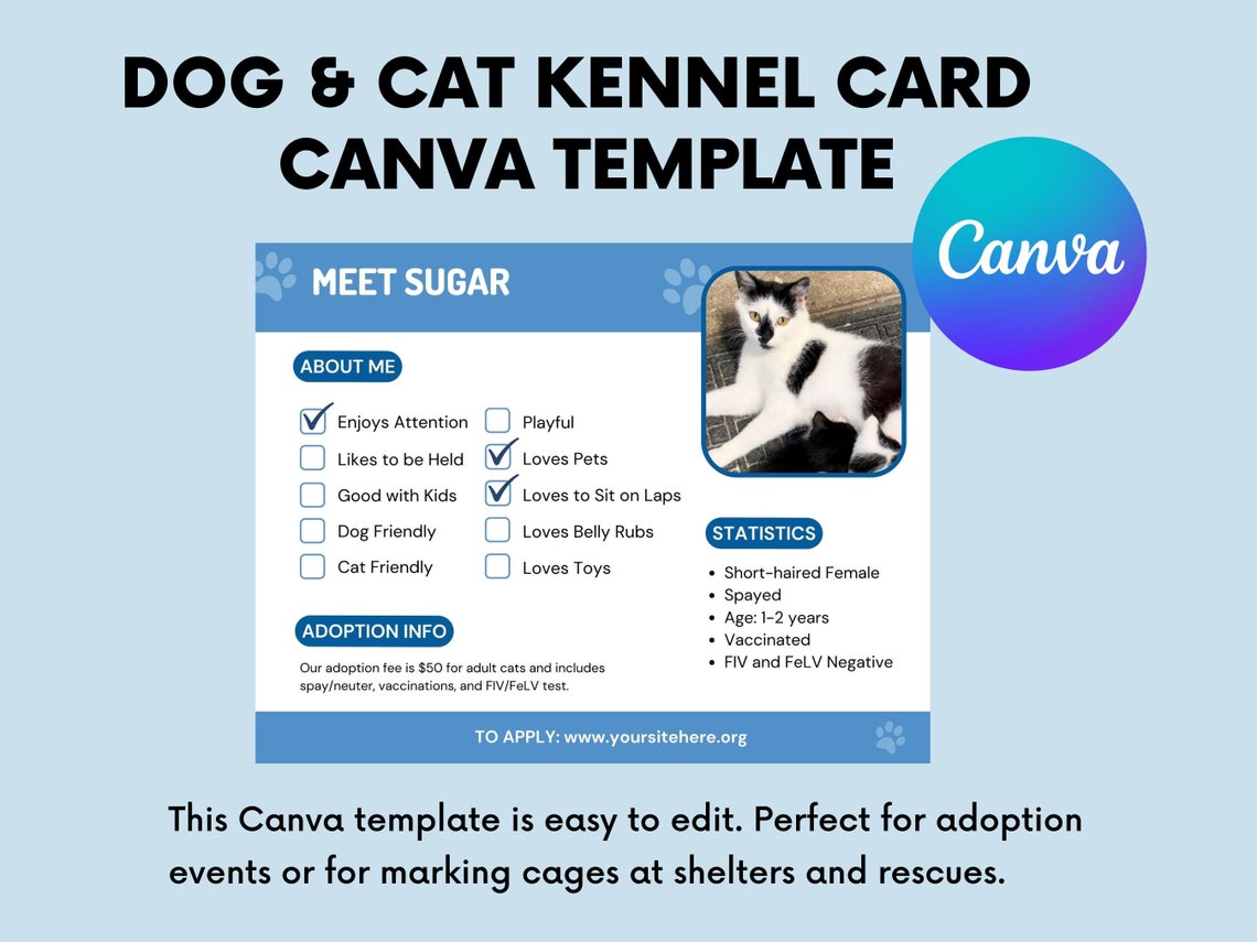 Dog and Cat Cage/kennel Card Template for Adoption Events and Shelters ...