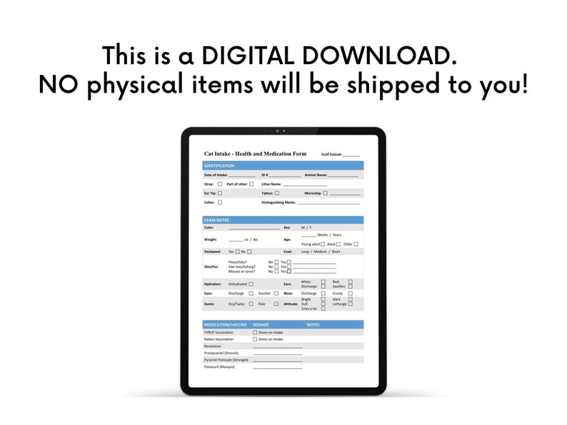 Cat / Kitten Medical Intake Form (medication List, Health Checklist ...