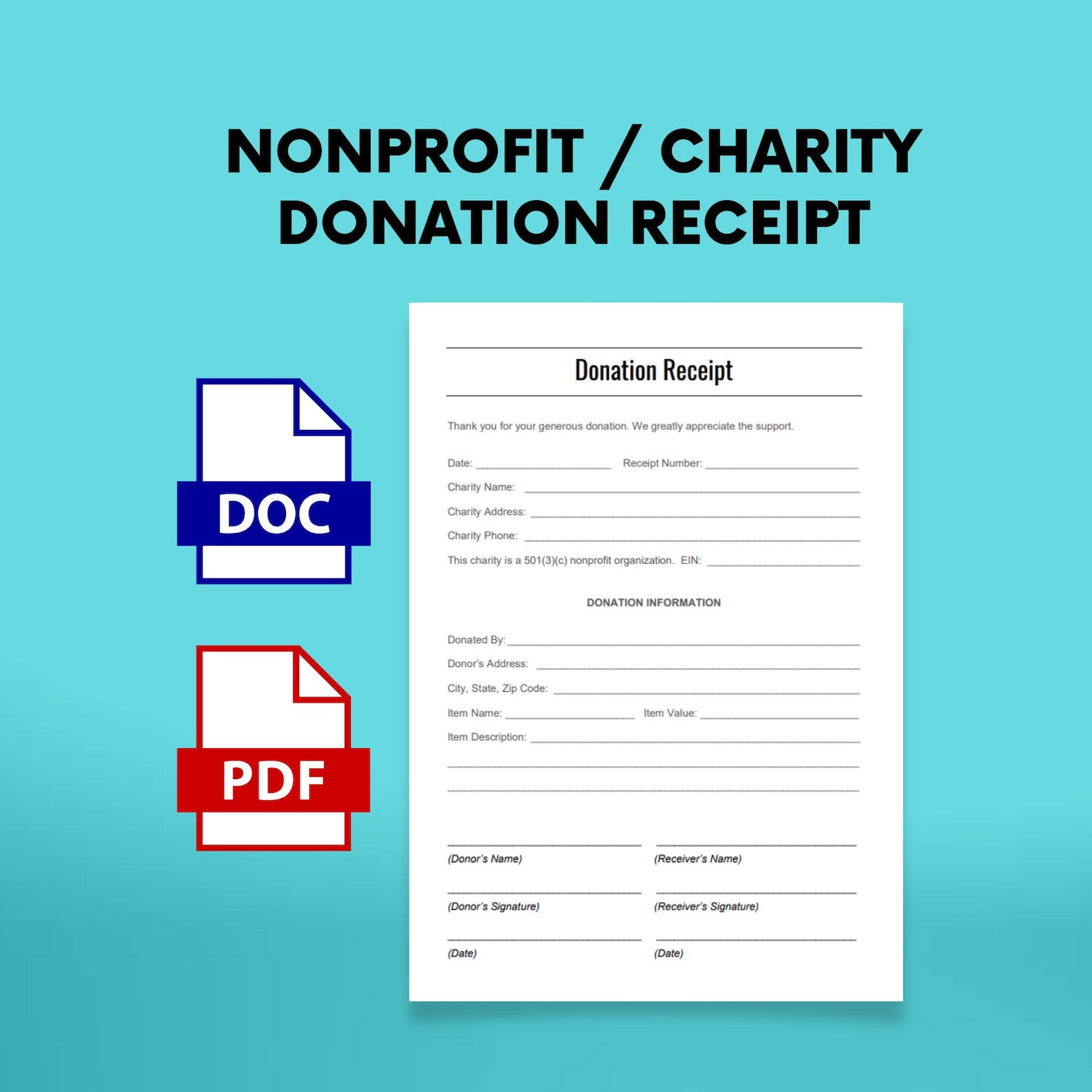 Nonprofit Charity Donation Gift Receipt, PDF, DOCX Word Doc, 501(c)(3 ...
