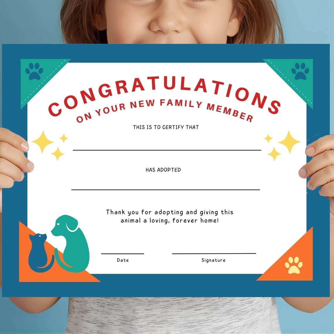Pet Adoption Certificate, Fun Design, Cat, Dog, Kitten, Puppy Adoption ...