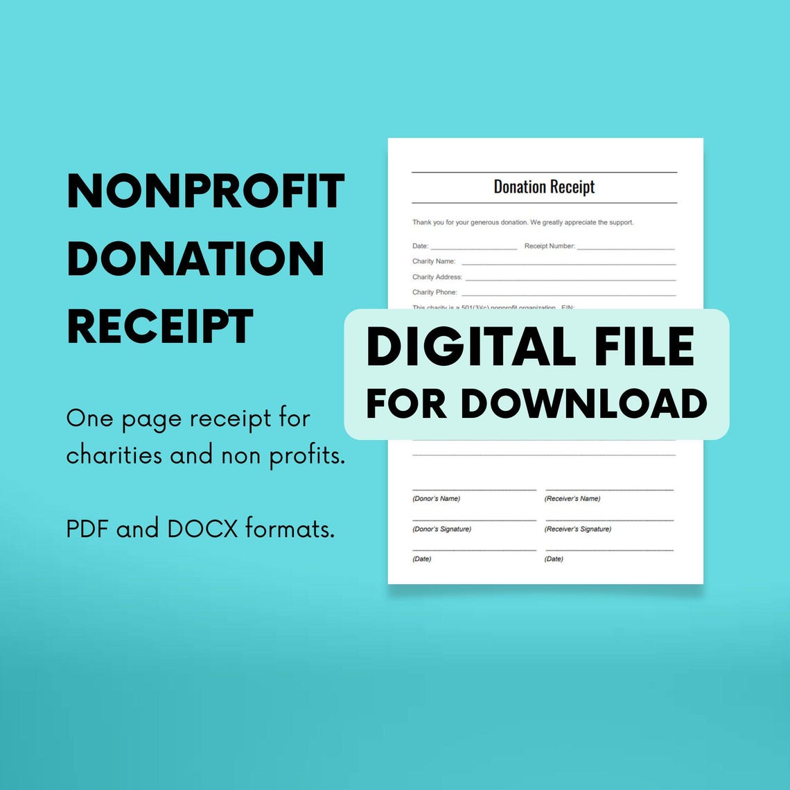 Nonprofit Charity Donation Gift Receipt, PDF, DOCX Word Doc, 501(c)(3 ...