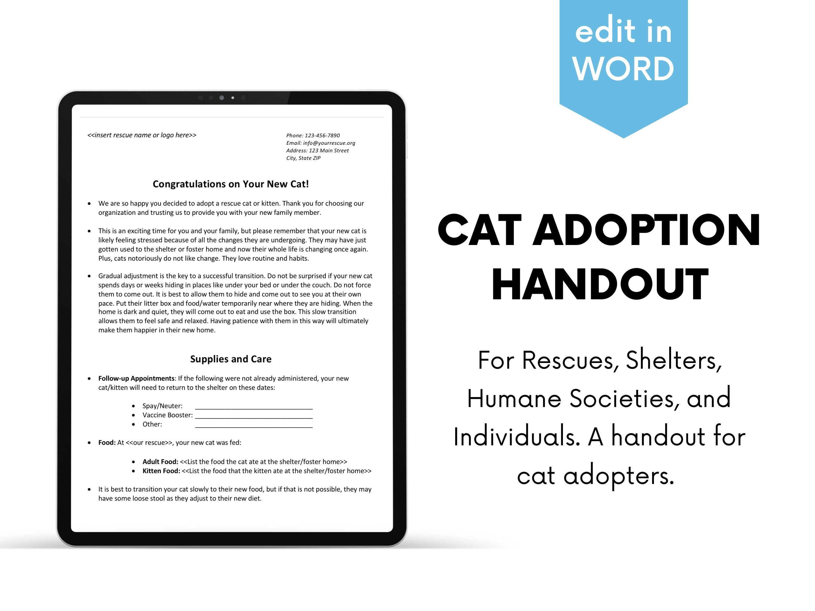Cat Adoption Informational Handout for Shelters, Rescues, and ...