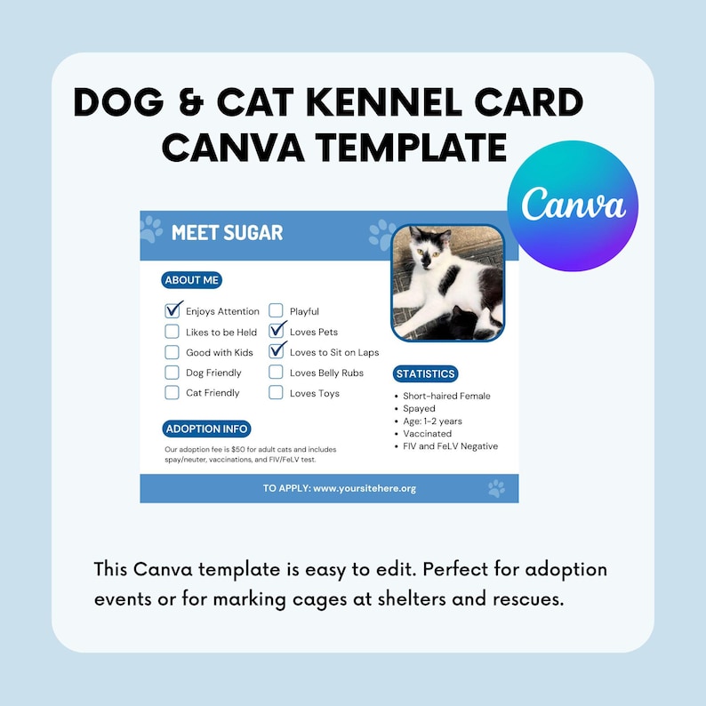 Dog & Cat Adoption Kennel Card Template - Editable CANVA Template ...