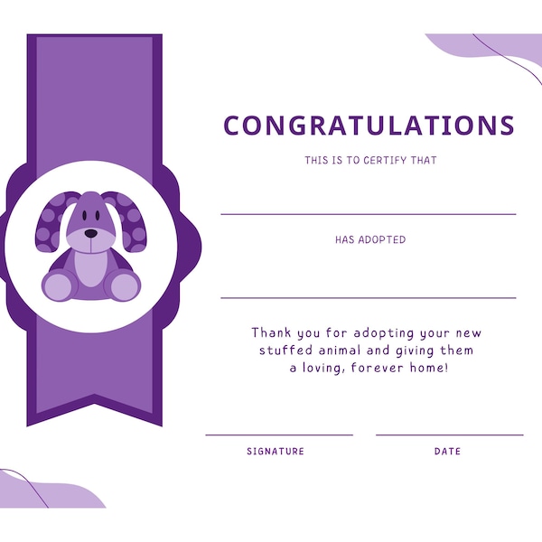 Stuffed Animal Adoption Certificate - Etsy