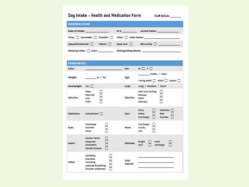 Dog Medical Intake Form (medication List, Health Checklist) for Rescues ...