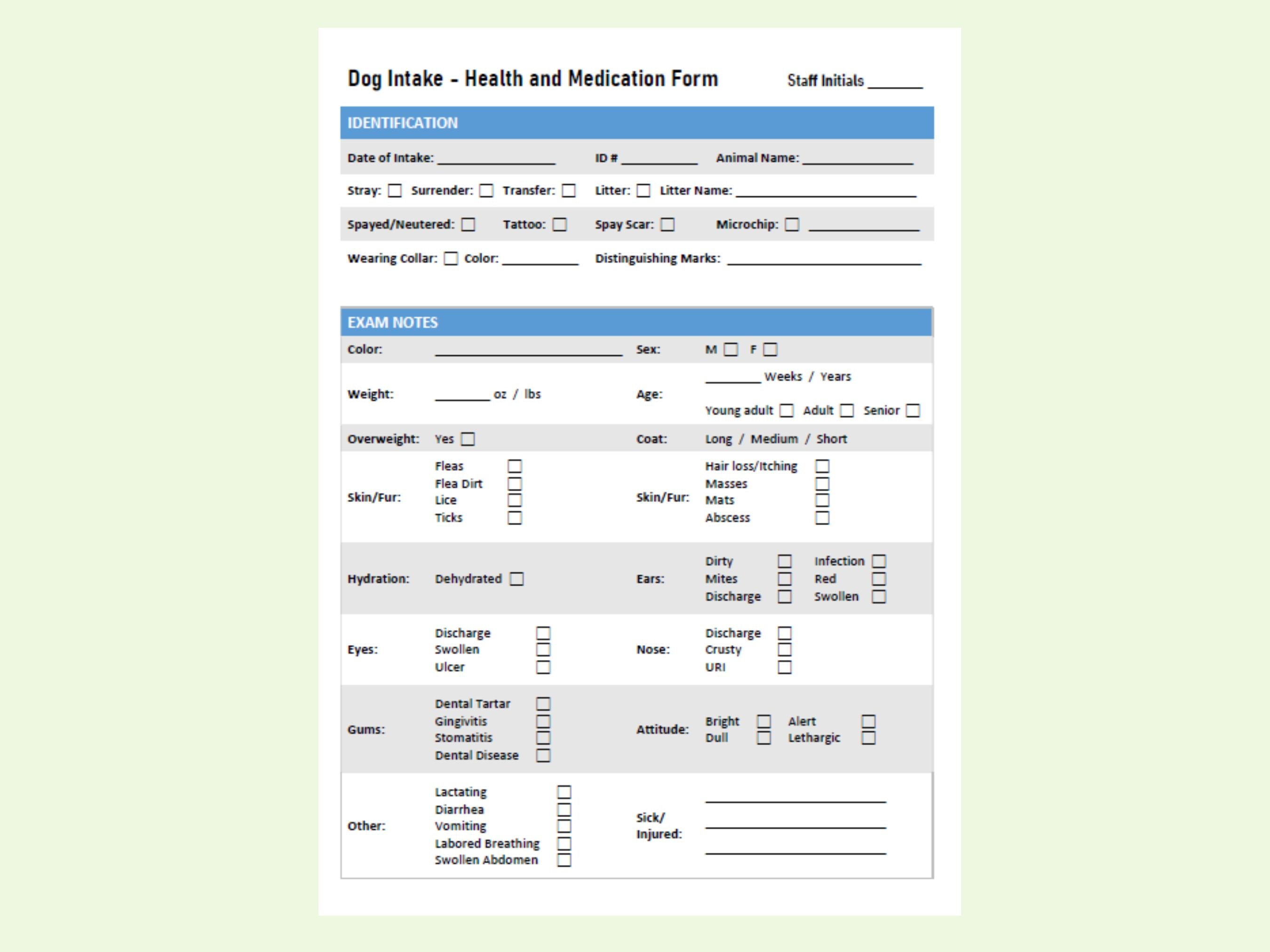 Dog Medical Intake Form (medication List, Health Checklist) for Rescues ...
