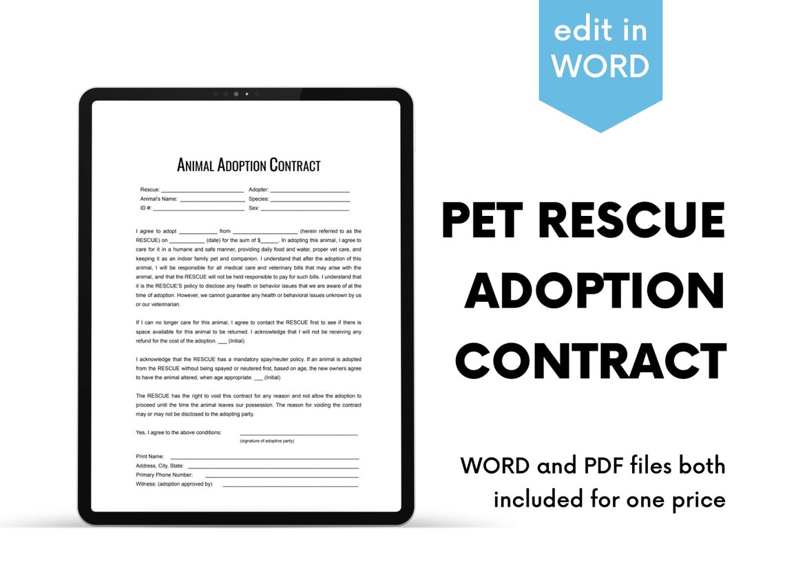 Pet Adoption Contract Template, Shelter Rescue Form (WORD & PDF) - Etsy