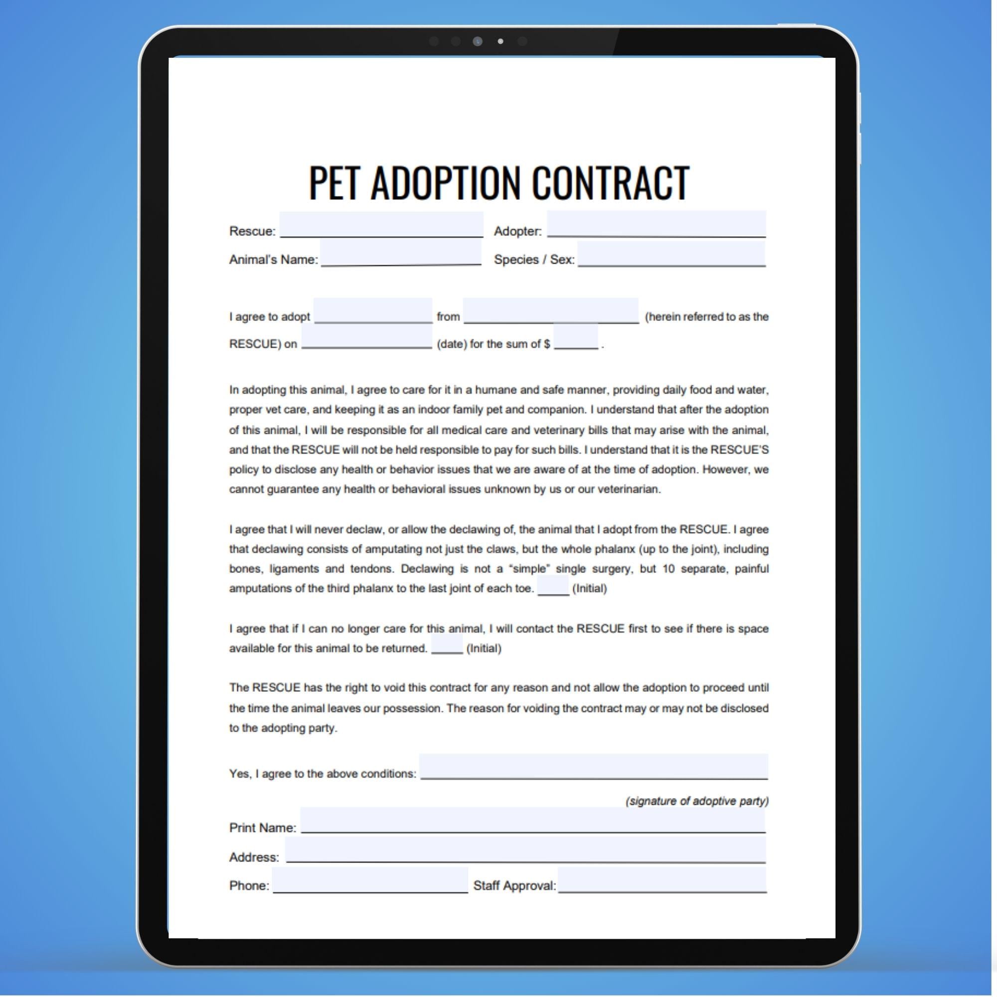 Pet Dog, Cat Adoption Contract Form/template for Shelters, Rescues, and ...