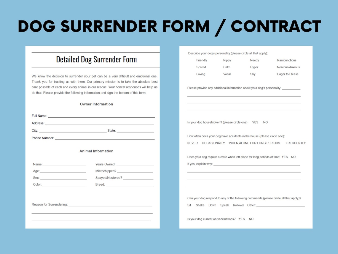 Detailed Dog Surrender Form for Shelters, Rescues, and Humane Societies ...
