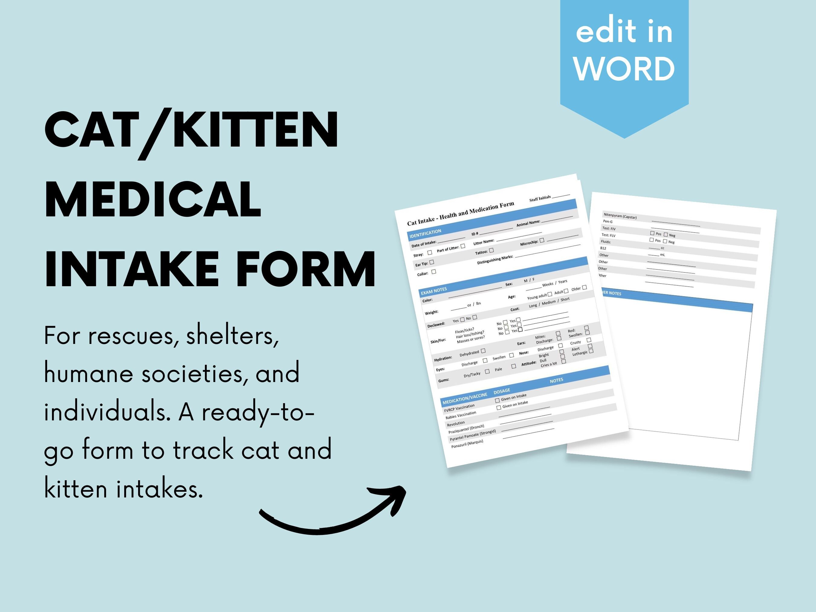 Cat / Kitten Medical Intake Form (medication List, Health Checklist ...