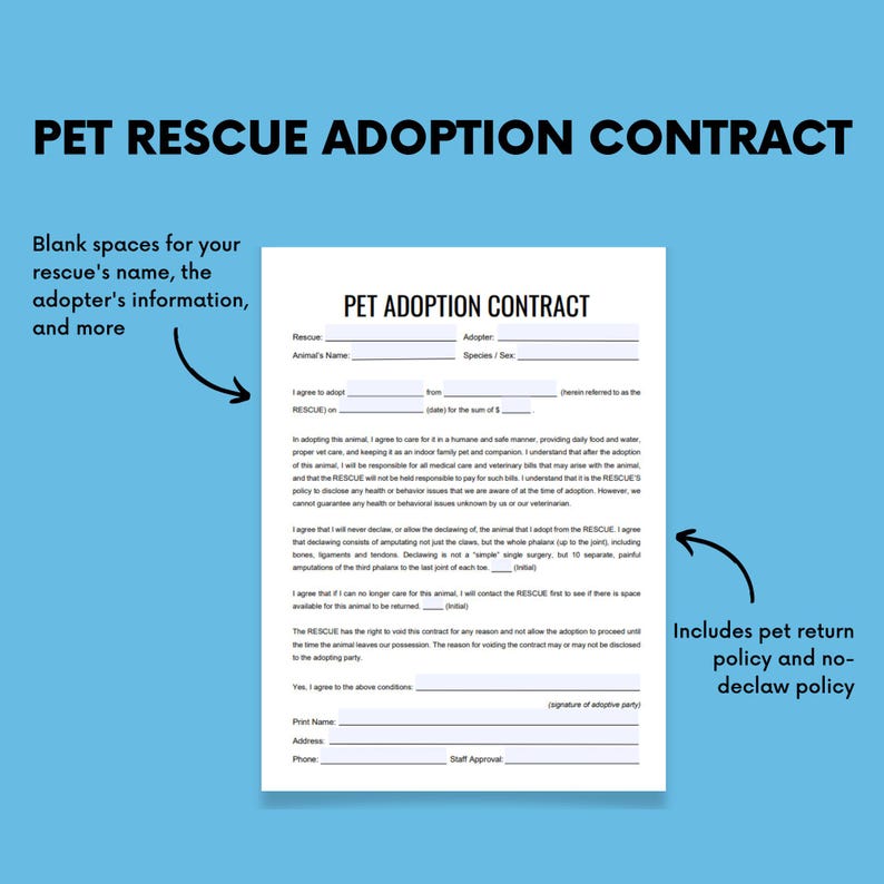 Pet Adoption Contract Template, Shelter Rescue Form (WORD & PDF) - Etsy