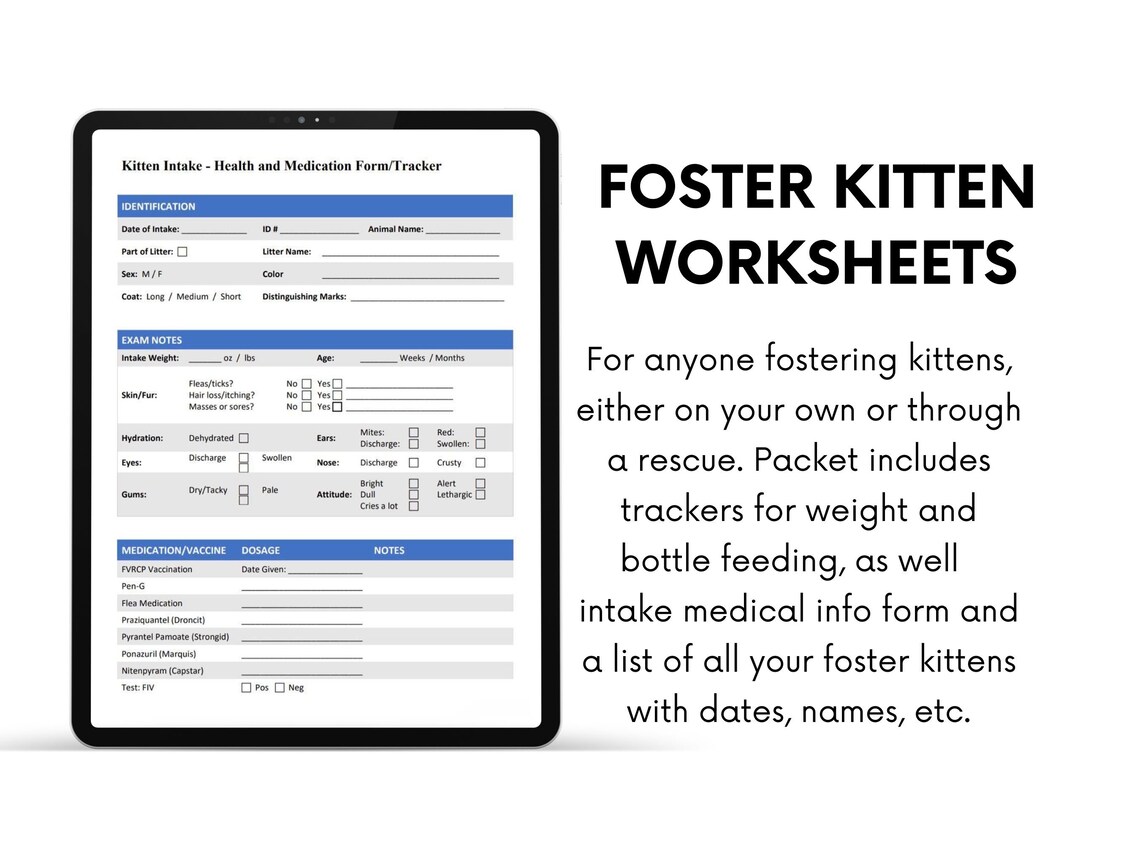 Foster Kitten Log/worksheet Packet, Foster Kitten Kit - XLSX, DOCX, PDF ...