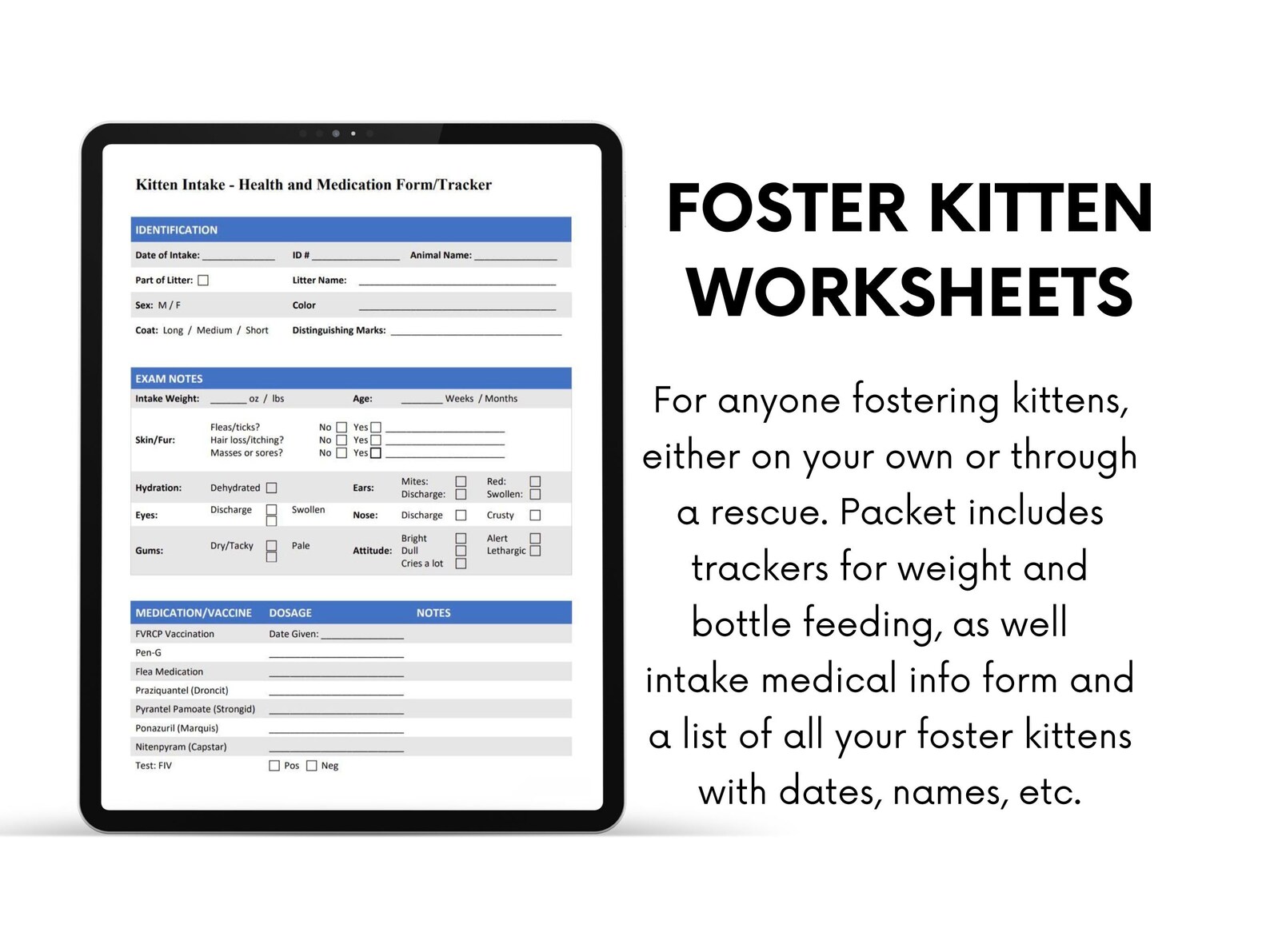 Foster Kitten Log/worksheet Packet, Foster Kitten Kit - XLSX, DOCX, PDF ...
