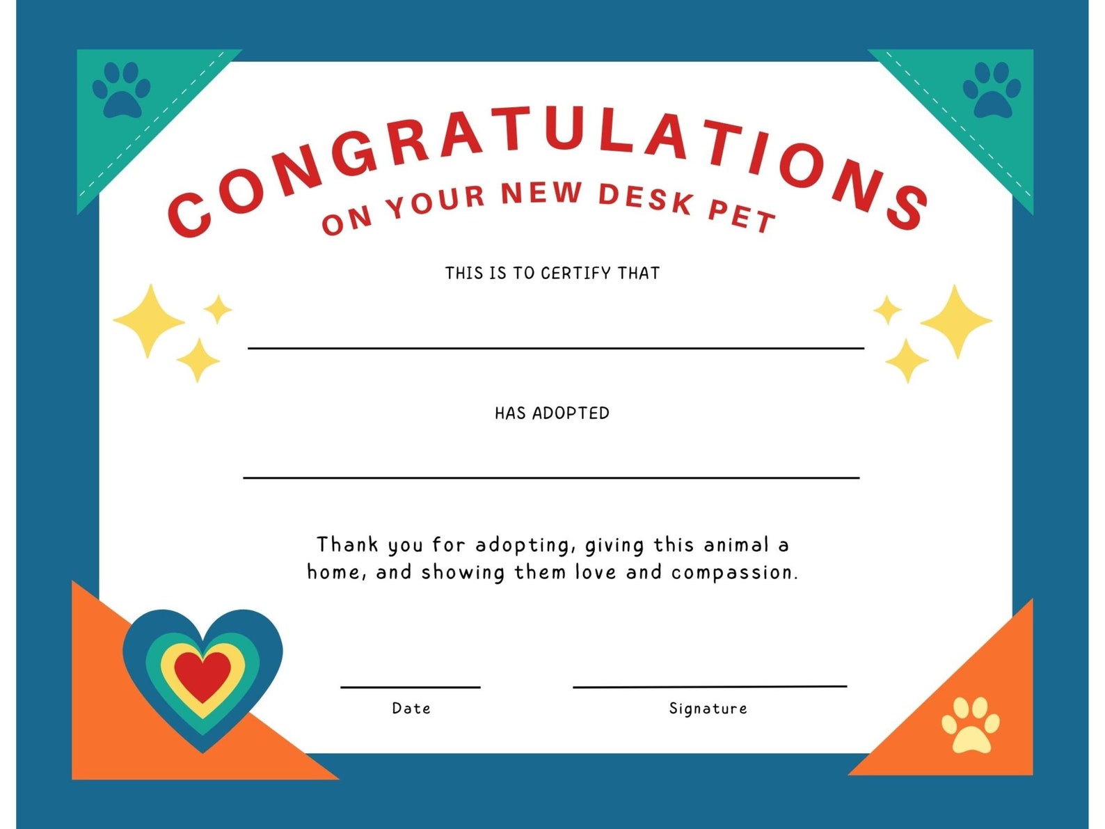 Student Desk Pet Adoption Certificate, Fun Design, PDF, JPG, Classroom ...