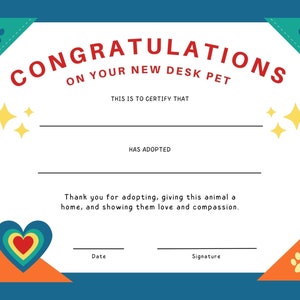 Student Desk Pet Adoption Certificate, Fun Design, PDF, JPG, Classroom ...