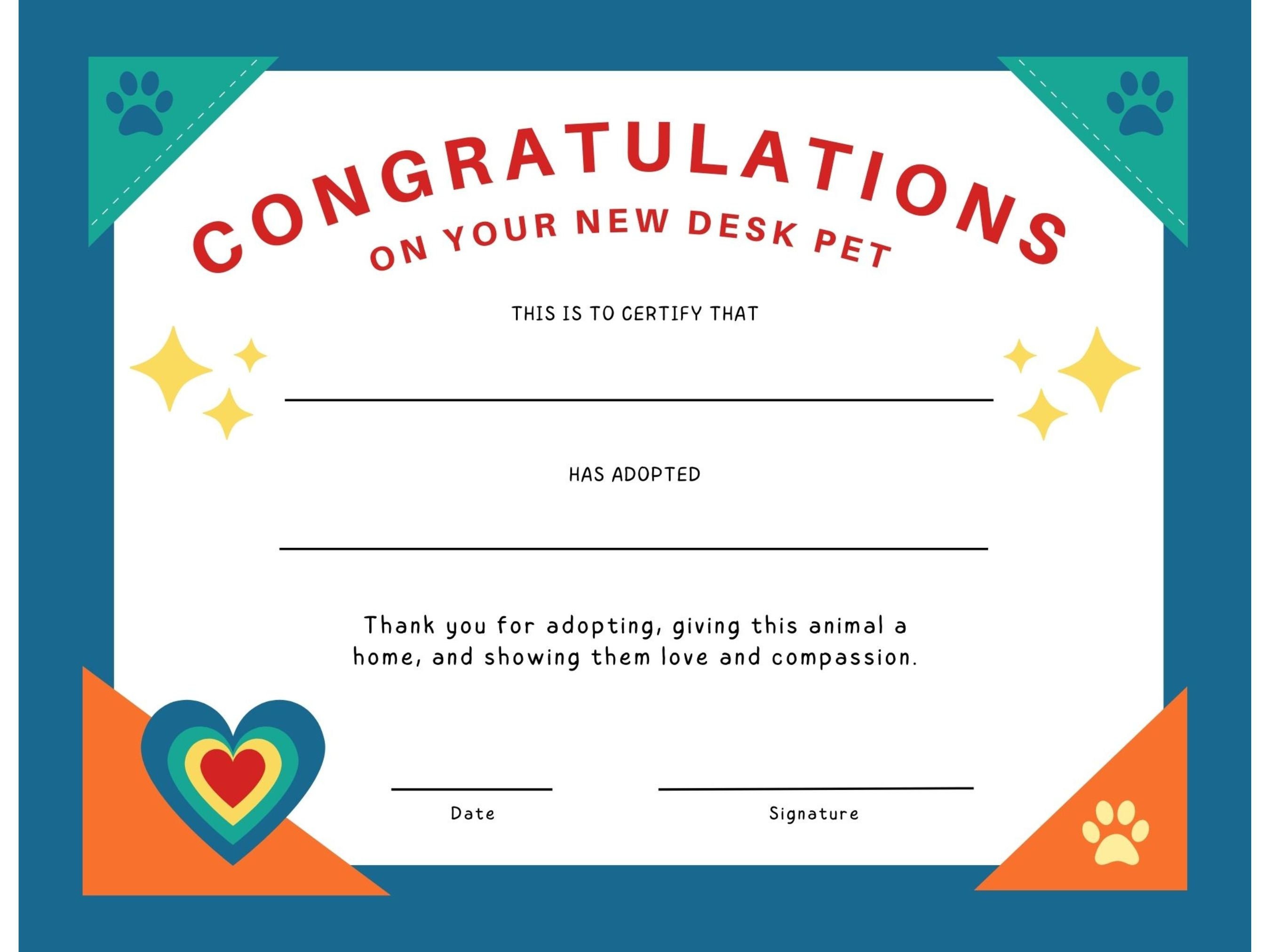 Student Desk Pet Adoption Certificate, Fun Design, PDF, JPG, Classroom ...