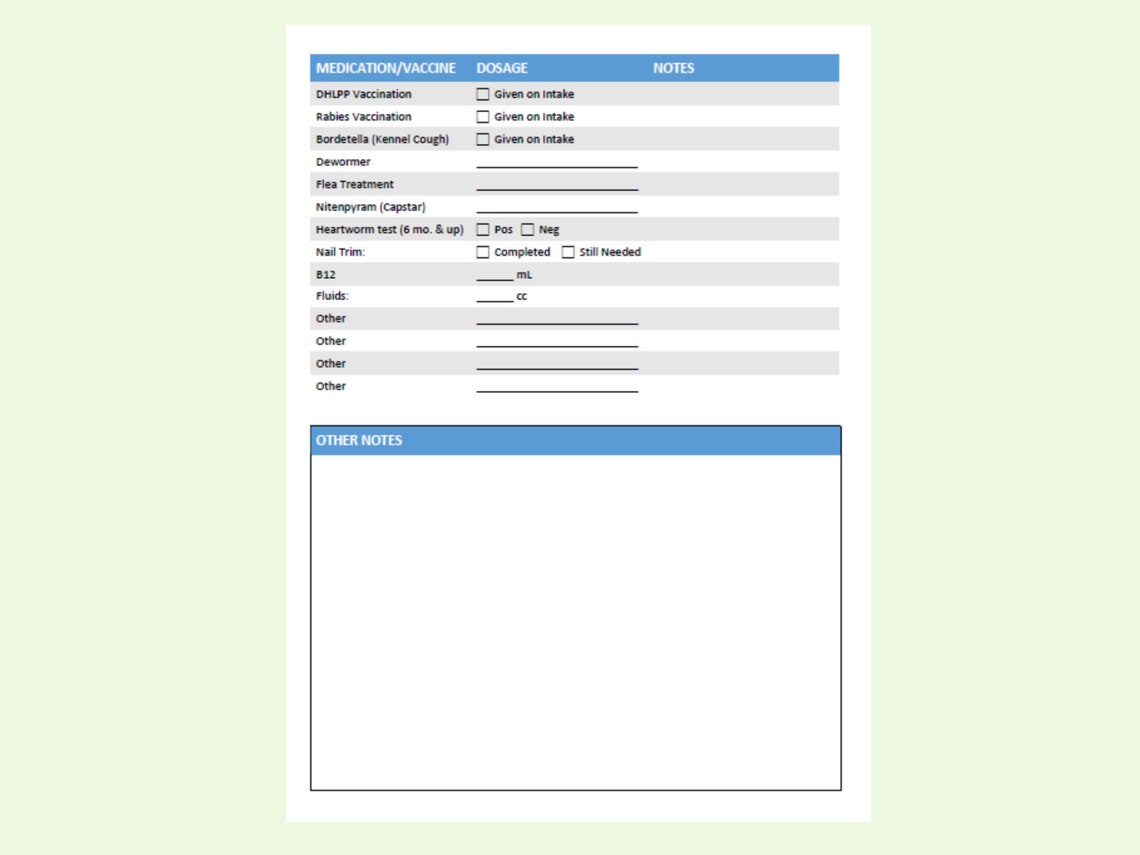 Dog Medical Intake Form (medication List, Health Checklist) for Rescues ...