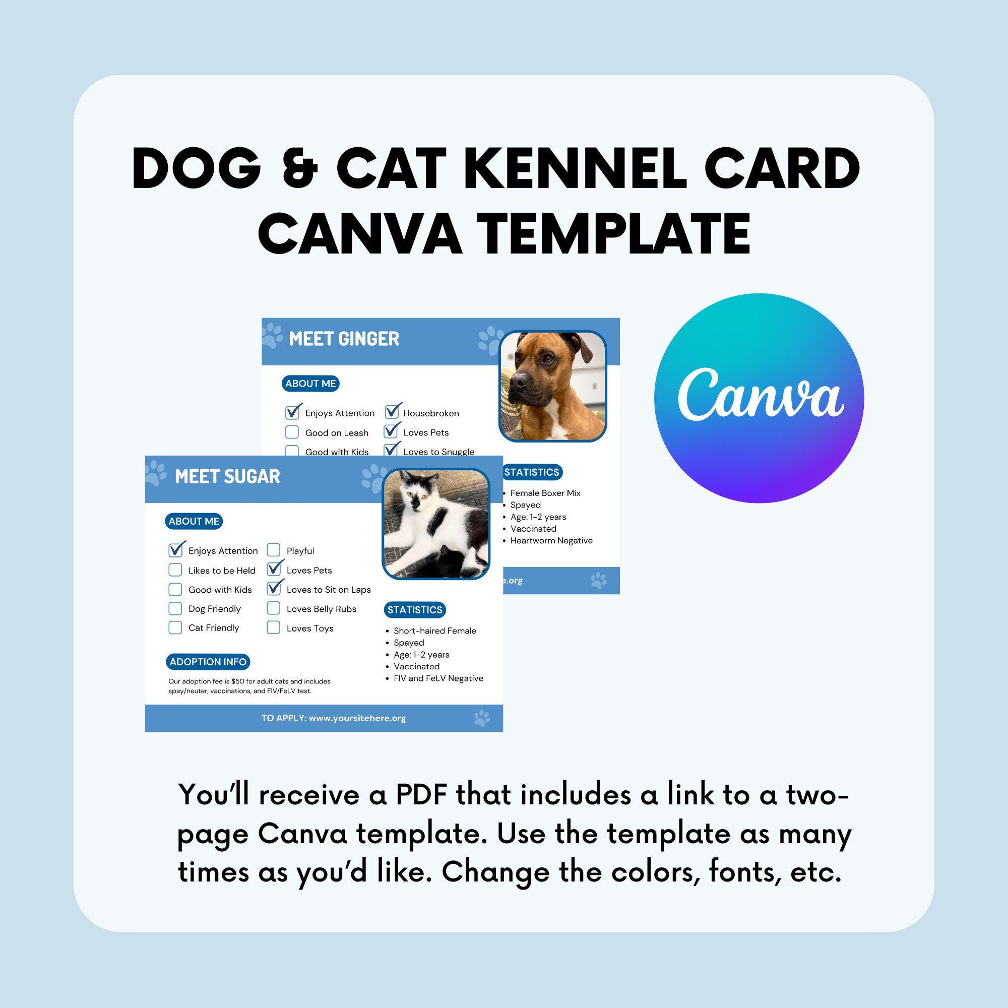 Dog & Cat Adoption Kennel Card Template - Editable CANVA Template ...