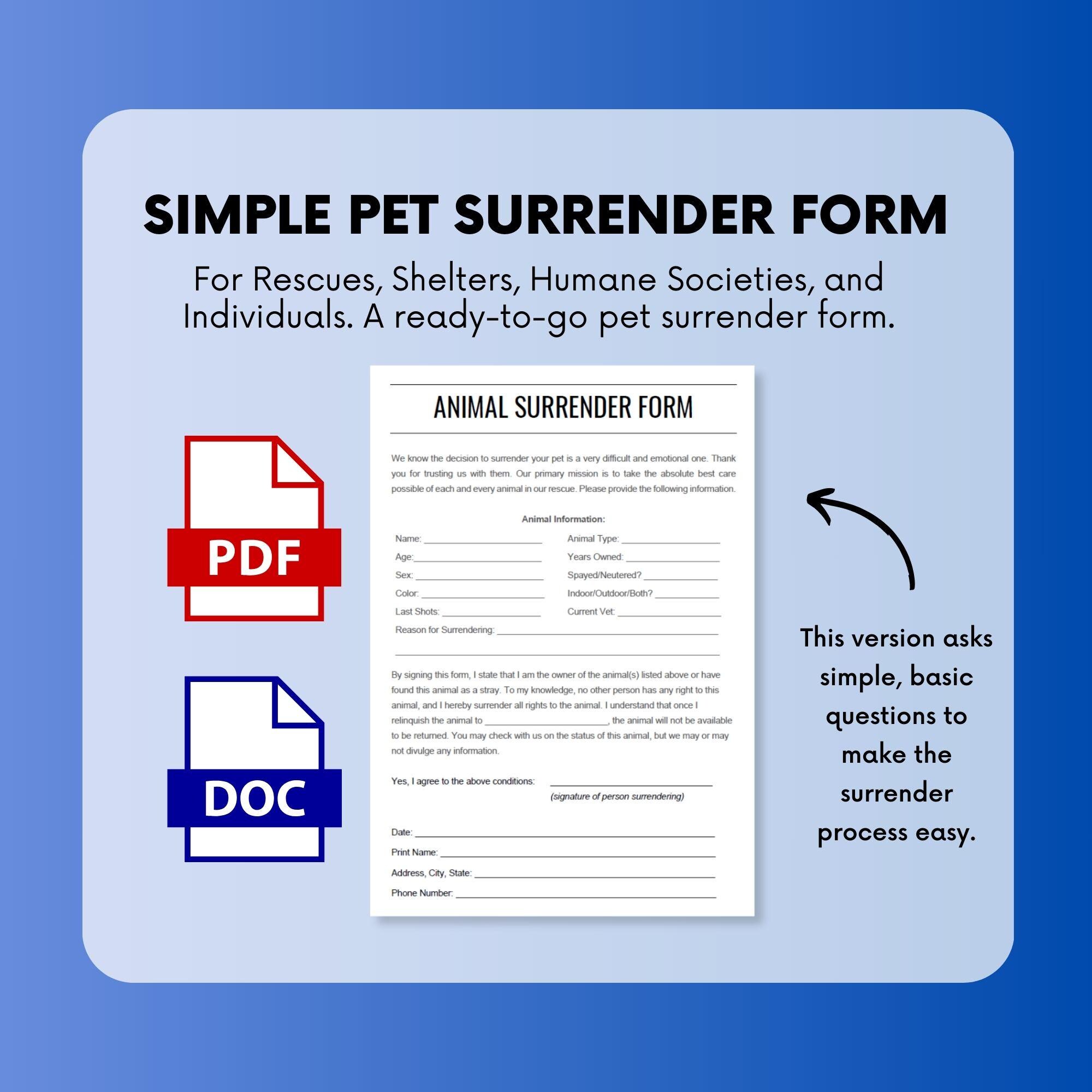 Pet, Dog, Cat Surrender Form/contract for Shelters, Rescues, and ...