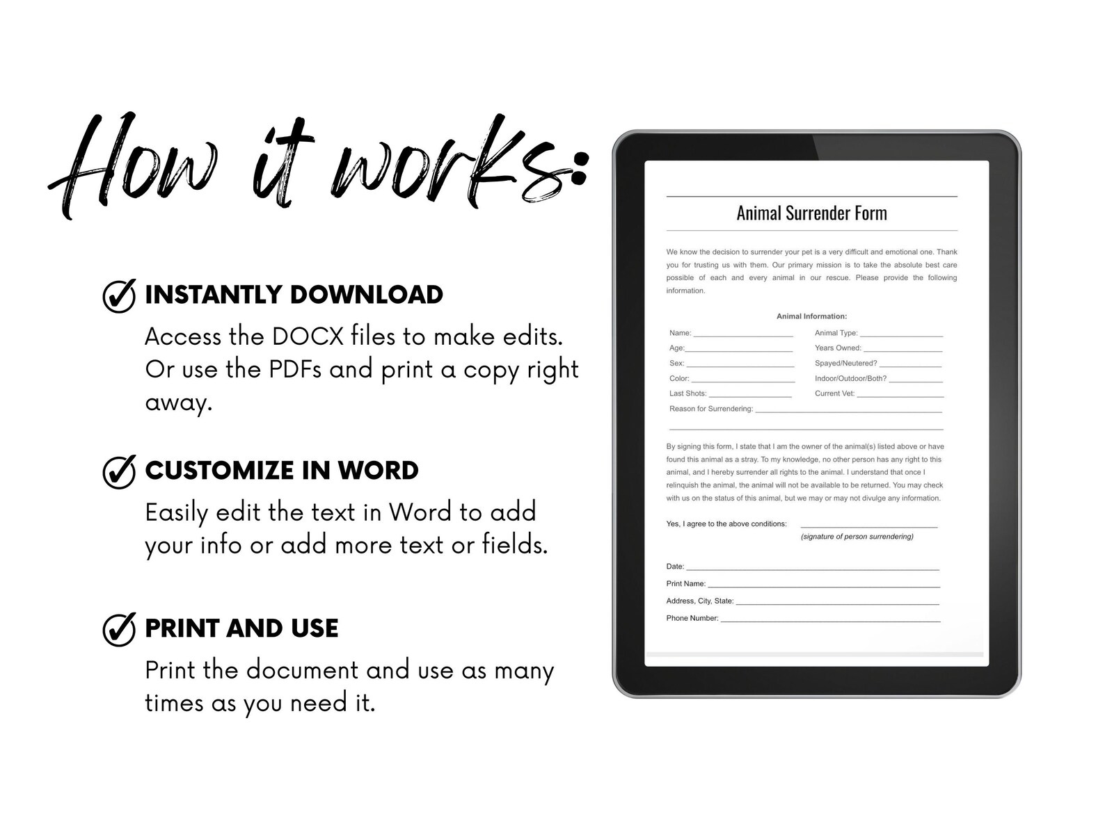 Pet Dog Cat Surrender Form/contract for Shelters Rescues - Etsy