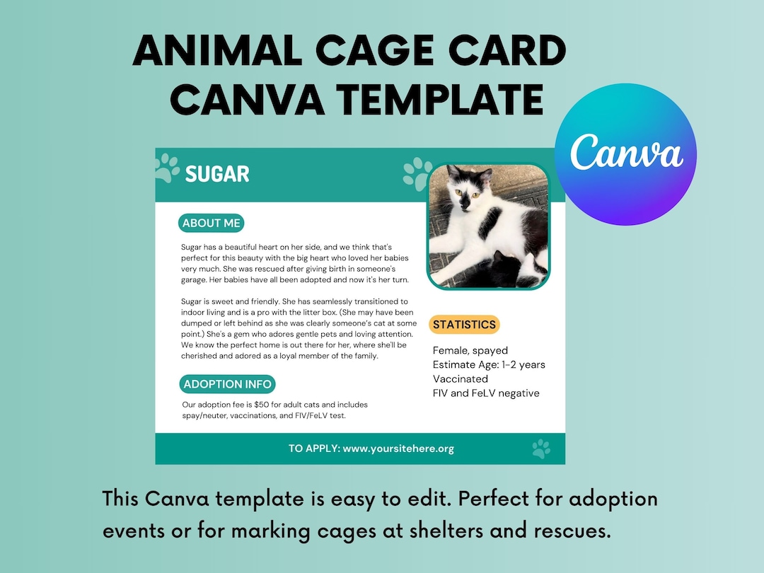 Pet Cage/kennel Card Template for Adoption Events and Shelters - CANVA ...