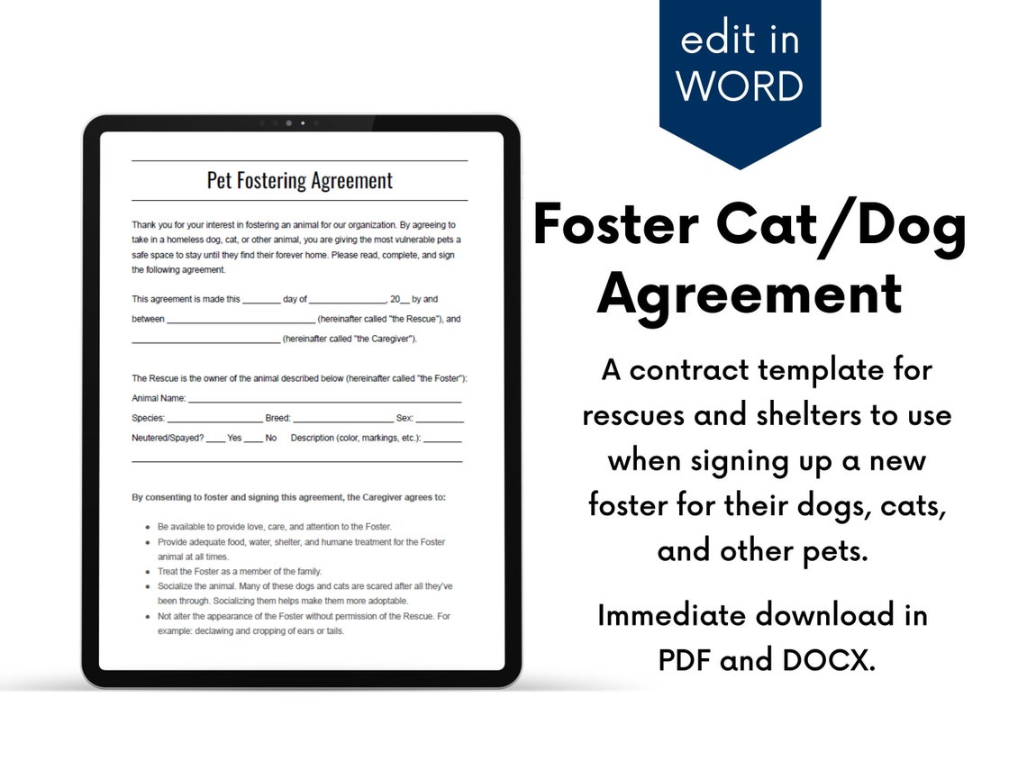 Pet Fostering Contract/template for Shelters and Rescues, Dog/cat ...
