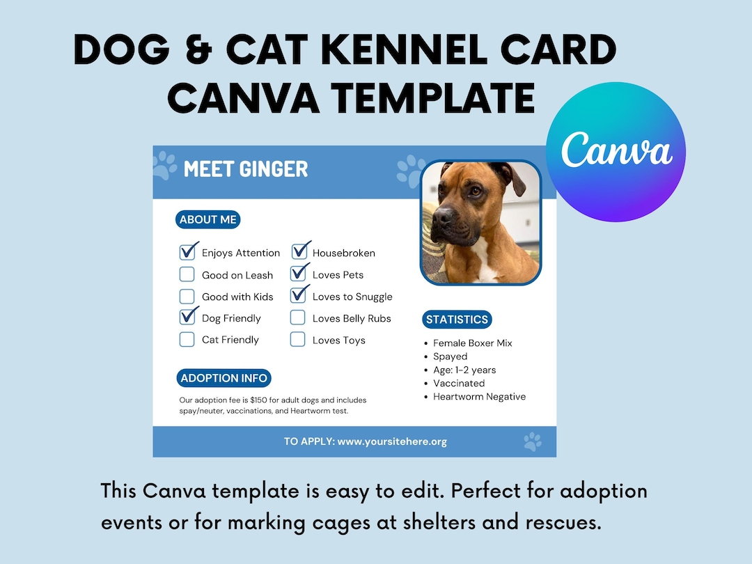 Dog and Cat Cage/kennel Card Template for Adoption Events and Shelters ...