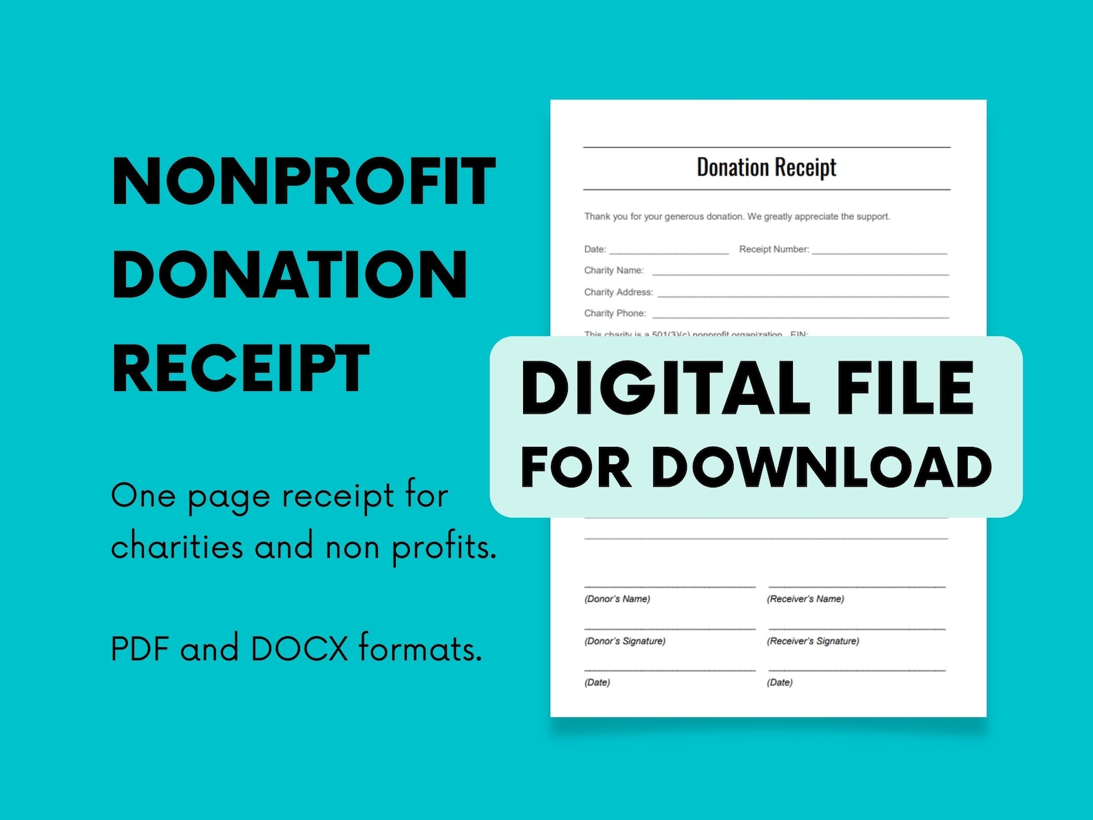 Nonprofit Charity Donation Gift Receipt, PDF, DOCX Word Doc, 501c3 ...