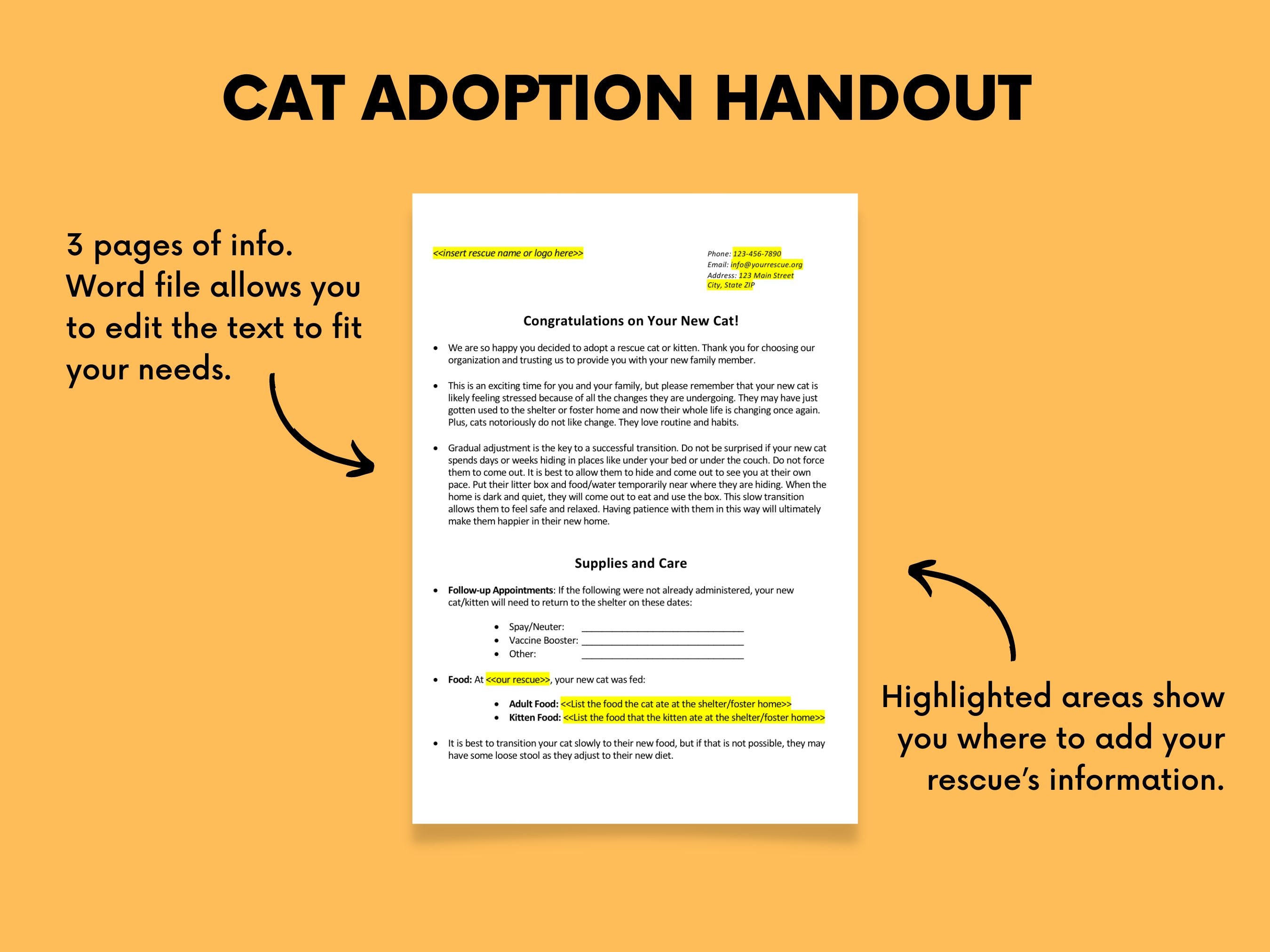 Cat Adoption Informational Handout for Shelters, Rescues, and ...
