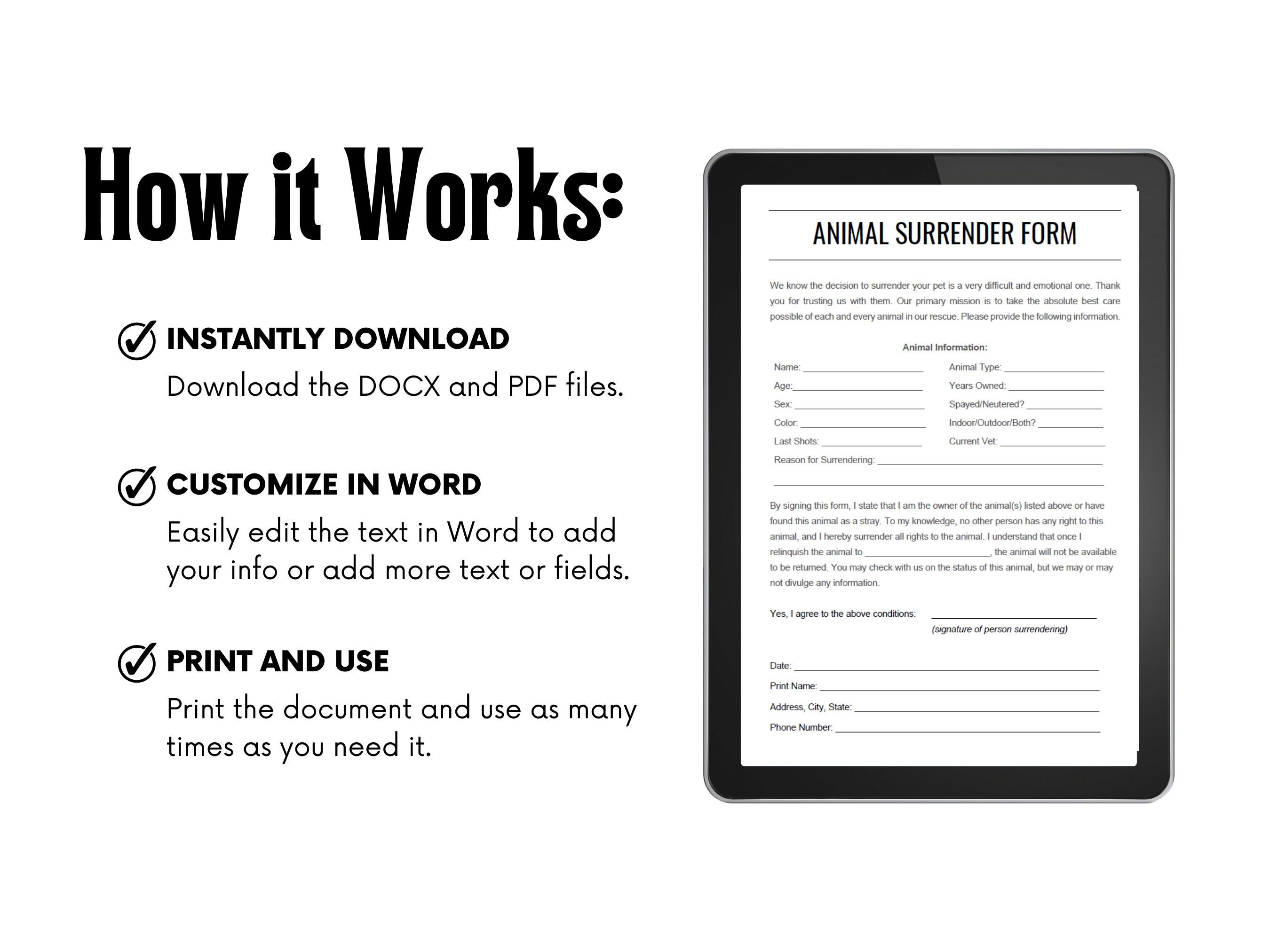 Pet, Dog, Cat Surrender Form/contract for Shelters, Rescues, and ...