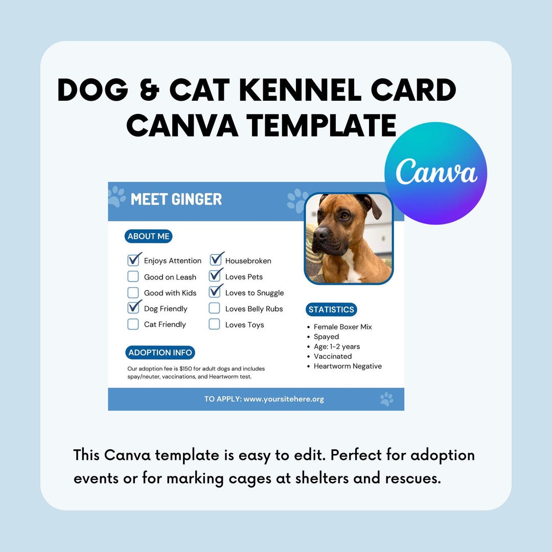Dog & Cat Adoption Kennel Card Template - Editable CANVA Template ...