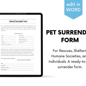 Pet Dog Cat Surrender Form/contract for Shelters Rescues - Etsy