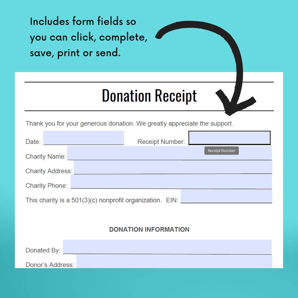 Nonprofit Charity Donation Gift Receipt, PDF, DOCX Word Doc, 501(c)(3 ...