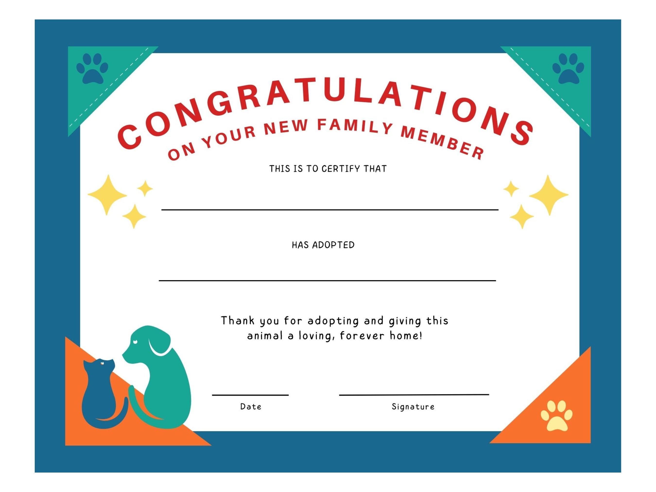 Pet Adoption Certificate, Fun Design, Cat, Dog, Kitten, Puppy Adoption ...