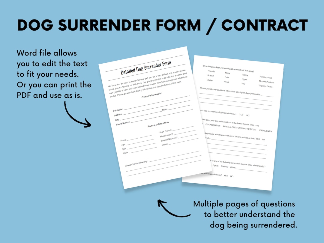 Detailed Dog Surrender Form for Shelters, Rescues, and Humane Societies ...