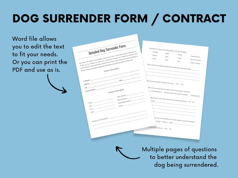Detailed Dog Surrender Form for Shelters, Rescues, and Humane Societies ...