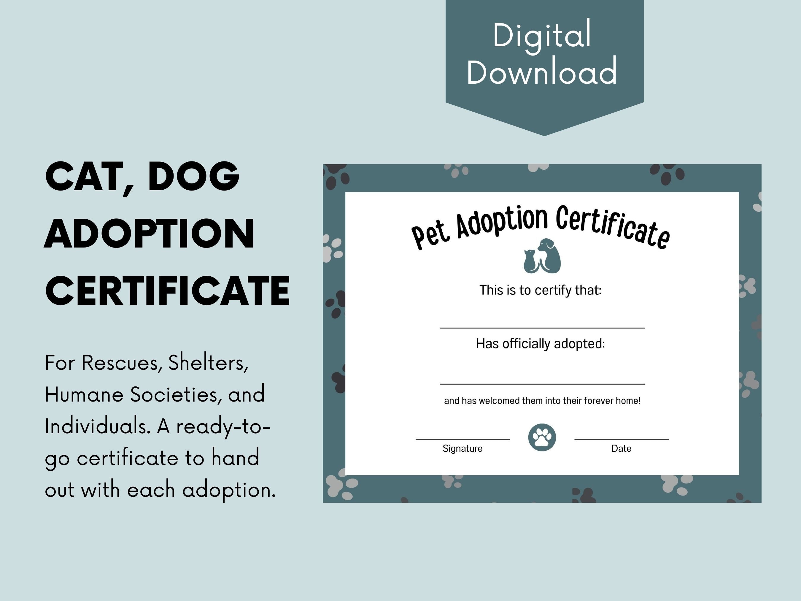 Pet Adoption Certificate, Cat, Dog, Kitten, Puppy Adoption Certificate ...