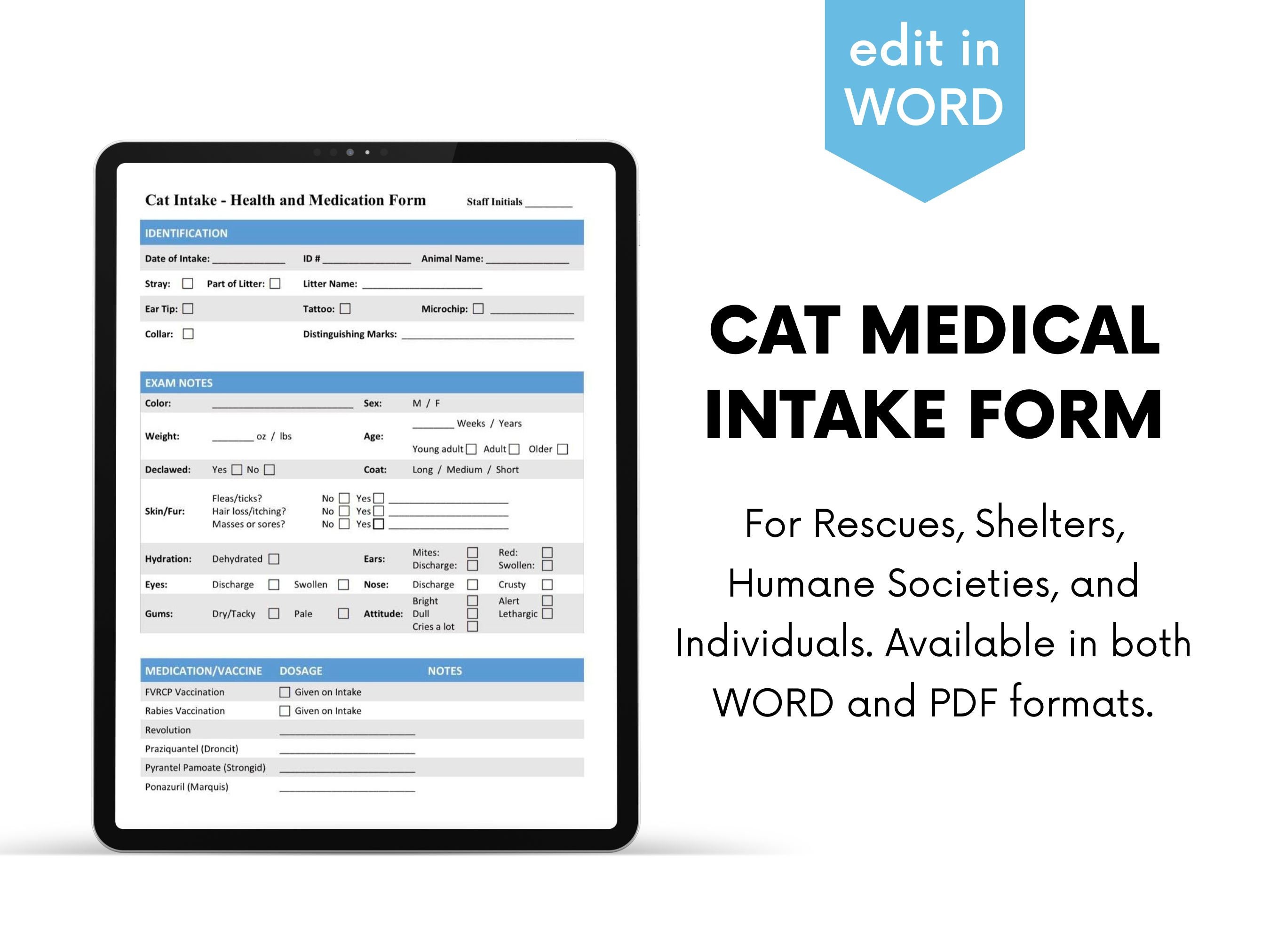 Cat / Kitten Medical Intake Form (medication List, Health Checklist ...
