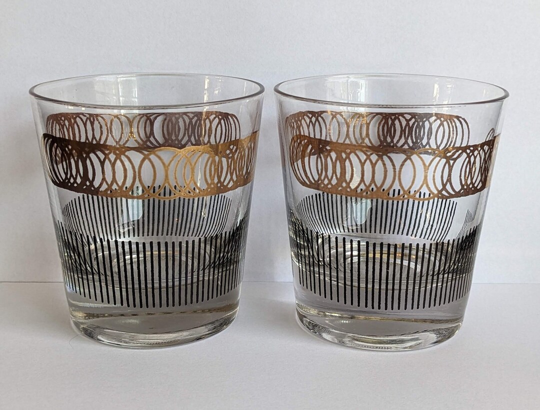 Vintage Set of 6 MCM Cocktail Glass Gold and Black Geometric - Etsy