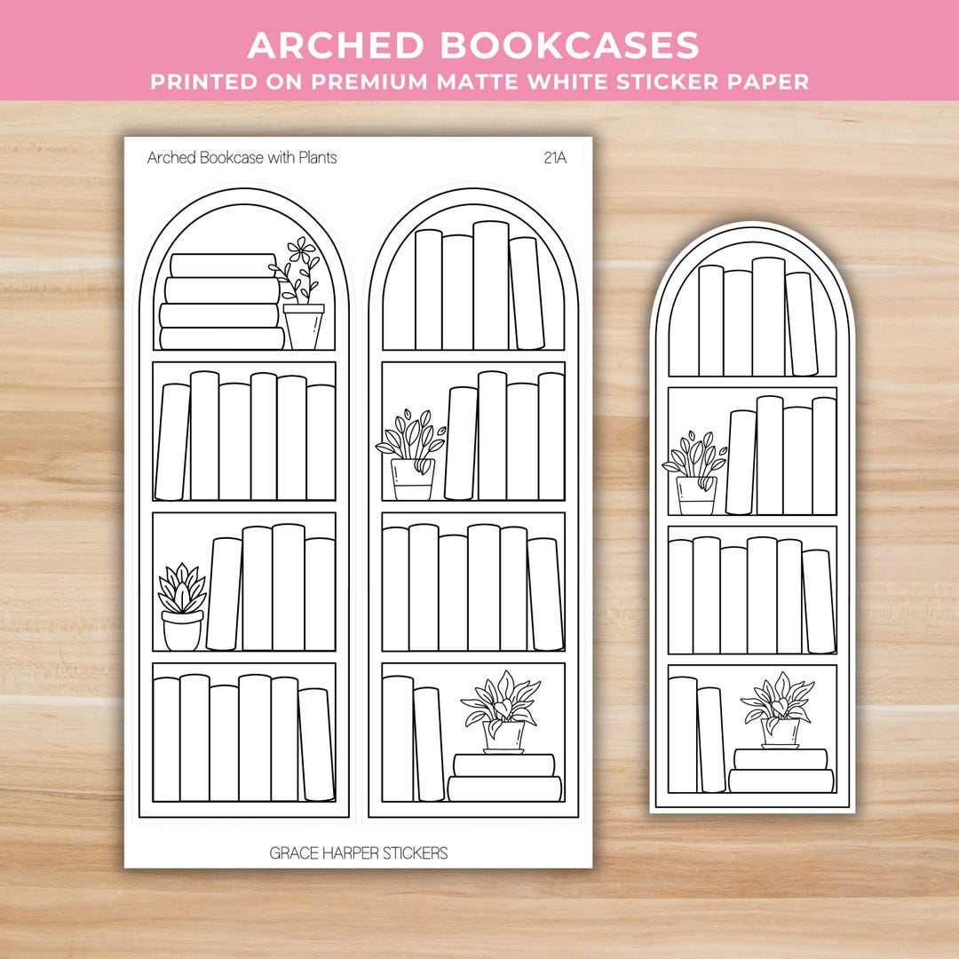 Arched Bookcase Reading Tracker Sticker - Color in Book Shelf Sticker ...