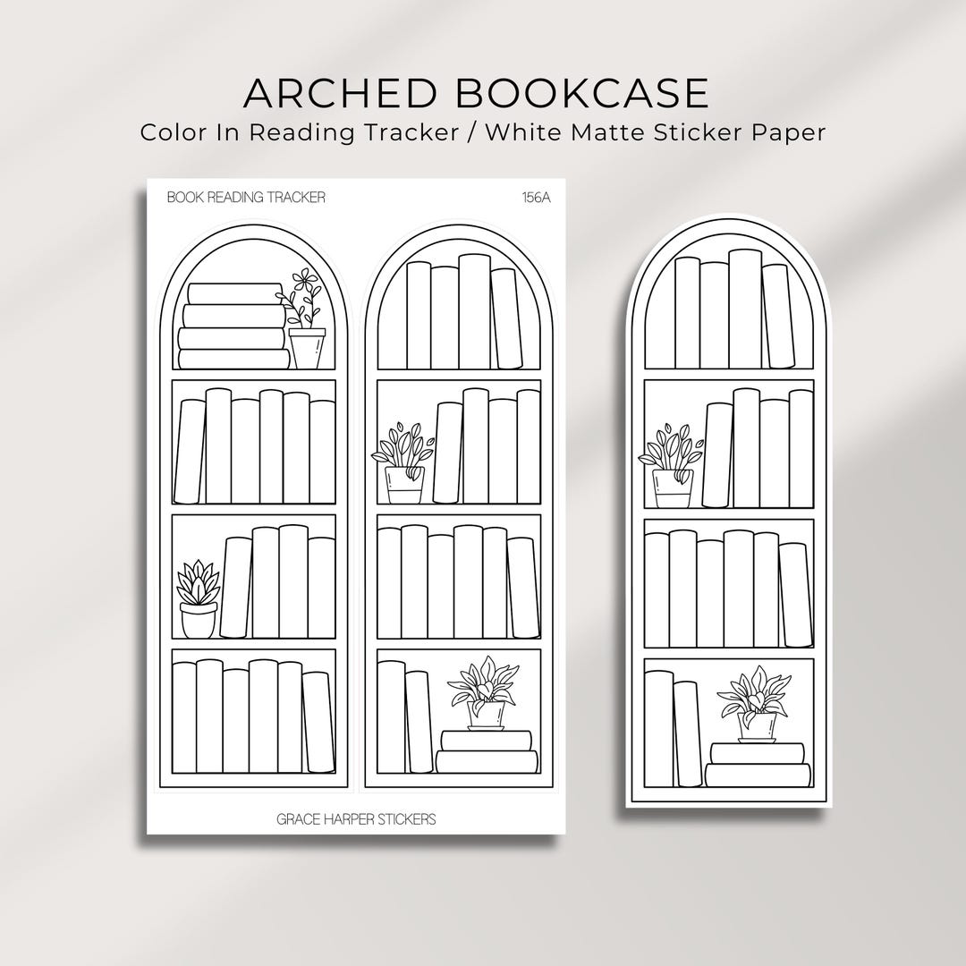 Arched Bookcase Reading Tracker Sticker - Color in Book Shelf Sticker ...