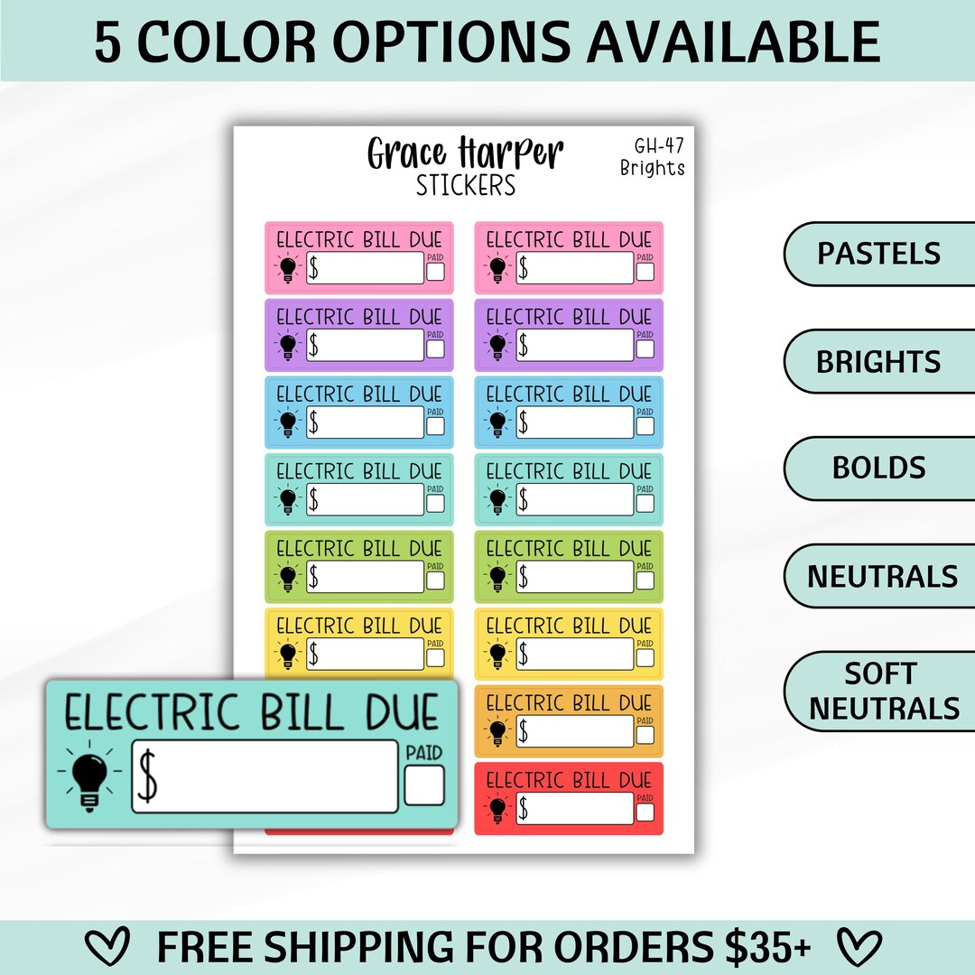Electric Bill Planner Stickers - Bill Due Stickers - Pay Electric Bill ...
