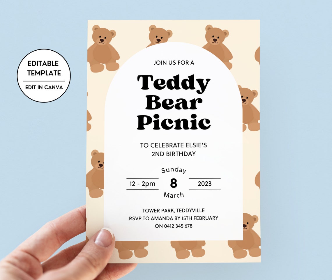 Teddy Bear Picnic Invitation Template Printable Birthday Bear - Etsy