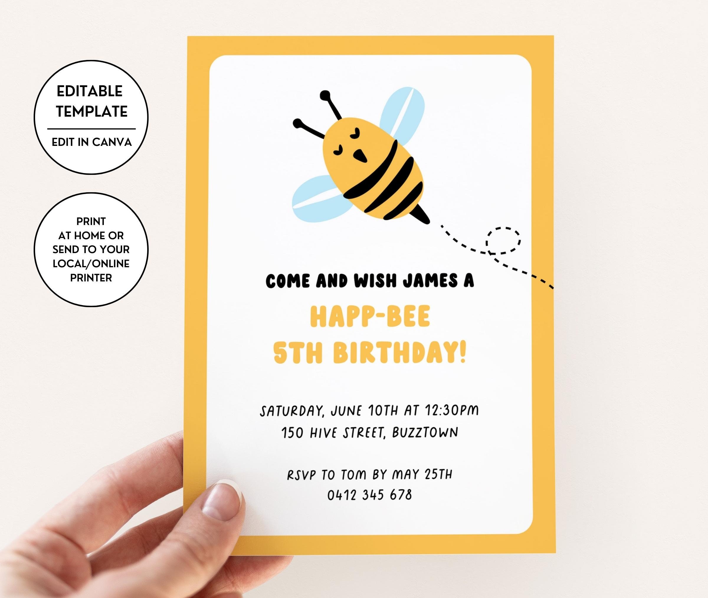 Printable Bee Invitation Happy Bee-day Birthday Party Invite, Bee Baby ...