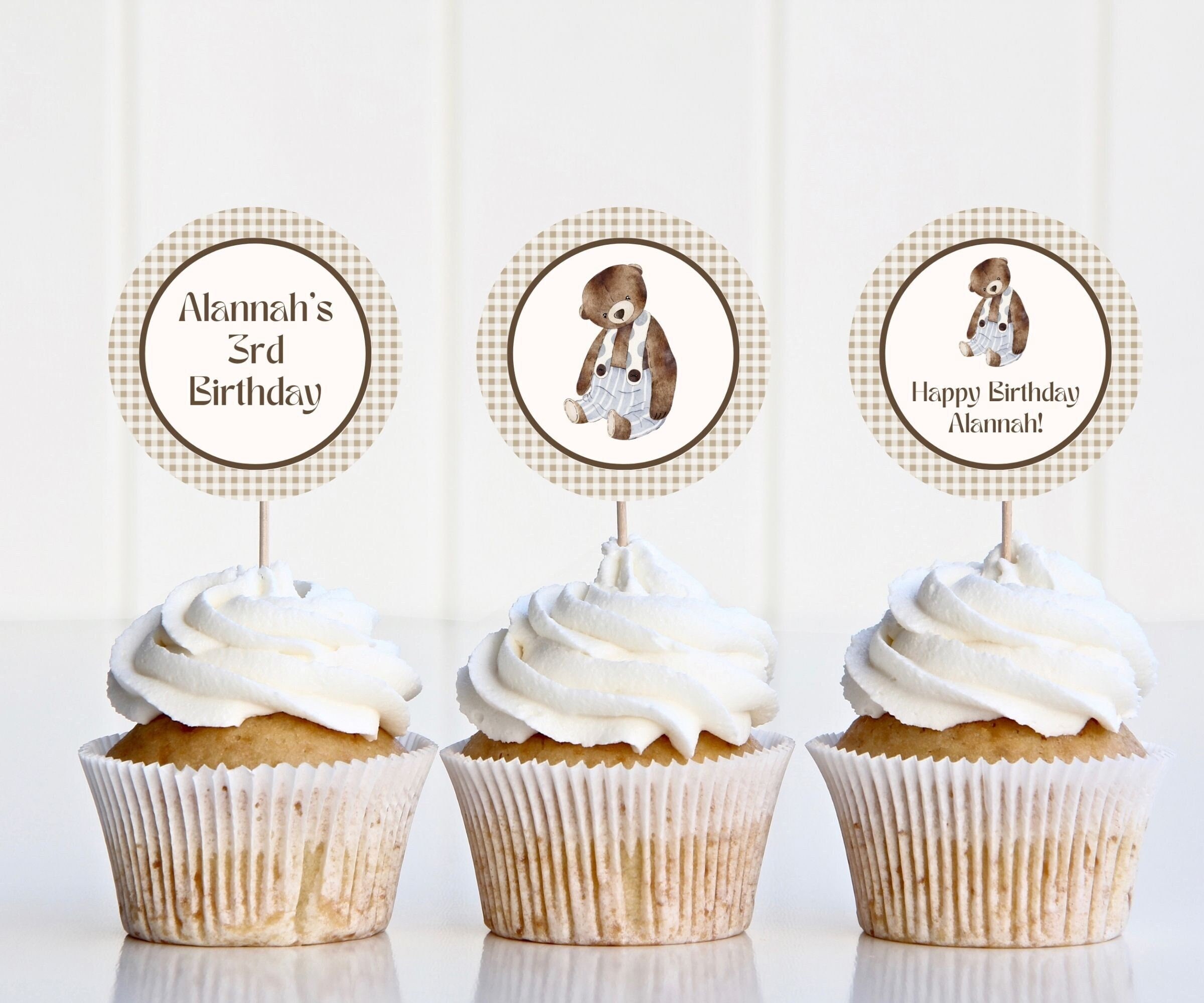 Gingham Teddy Bear Cupcake Topper, Printable Cupcake Toppers Baby ...